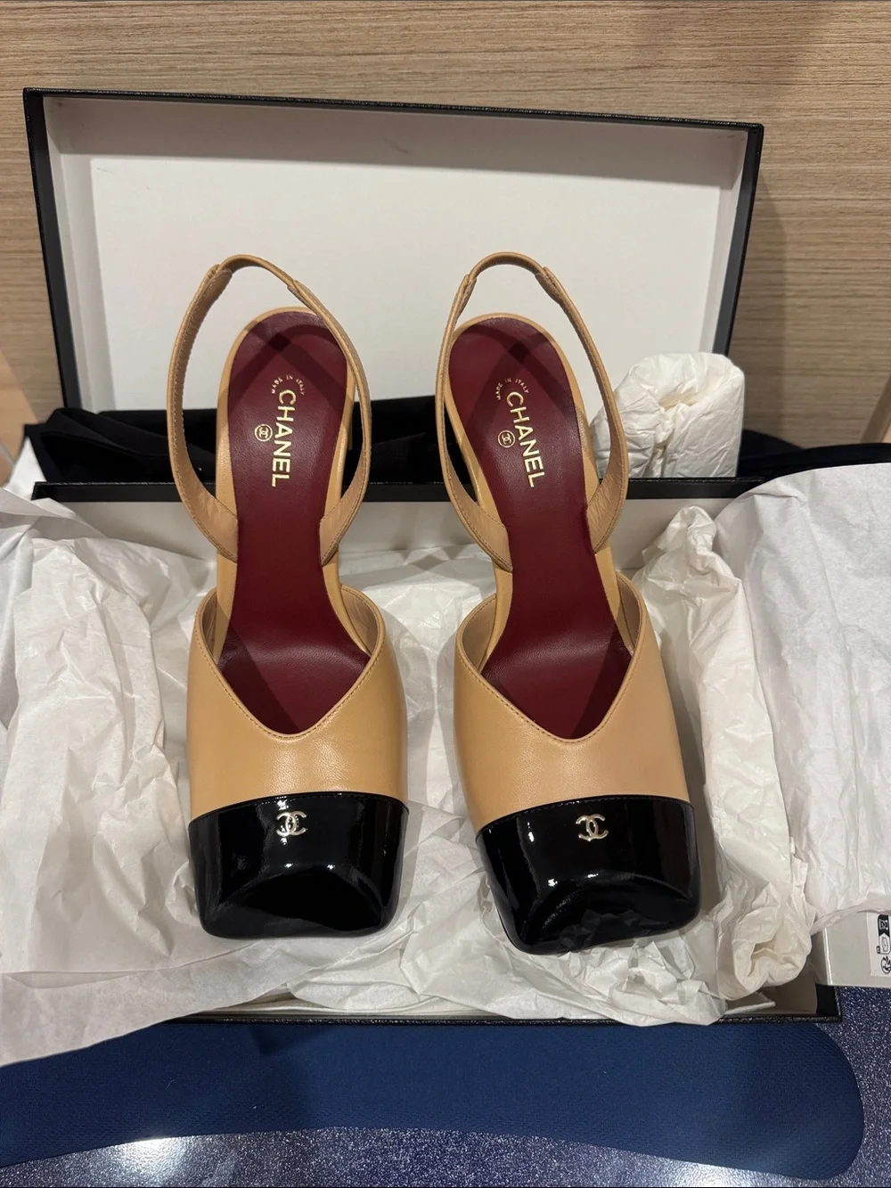 CHANEL | Shoes | Chanel Beige And Black Slingback Pumps With Patent Cap ...